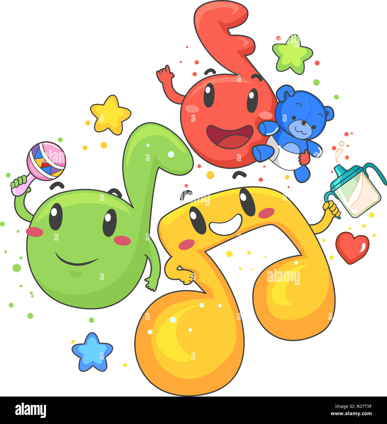 Illustration of Musical Notes Mascots Holding a Drinking Cup, Rattle ...