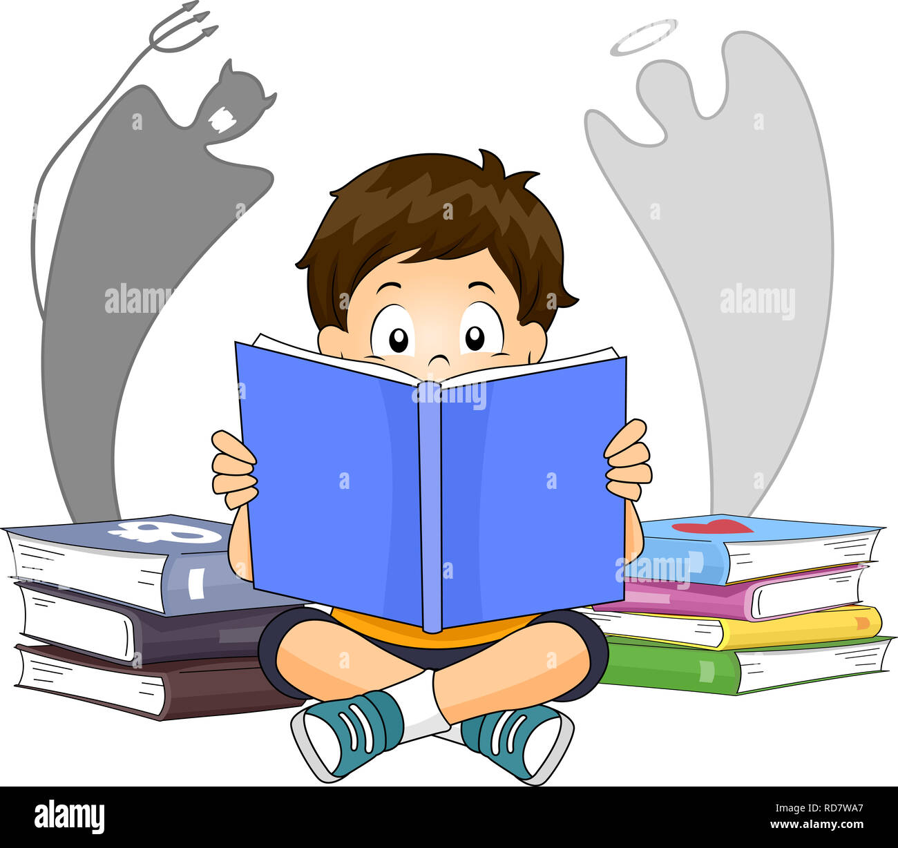 Illustration of a Kid Boy Reading a Book About the Good and the Bad ...