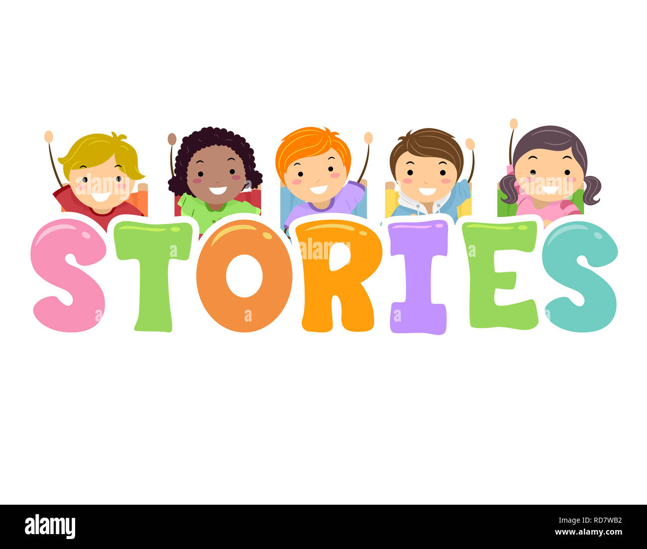 Illustration of Stickman Kids with Hands Up and Stories Lettering Stock ...