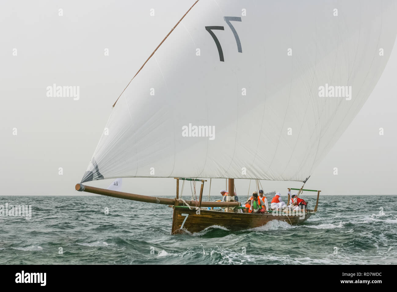 A traditional dhow racing in the Arabian Gulf off Dubai in the United ...