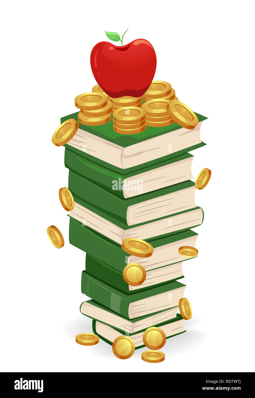 Illustration of a Stack of Books with an Apple and Gold Coins on Top ...