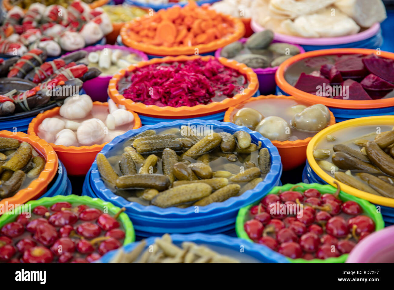 Turkish pickles in local market. Traditional Turkish pickles of various ...