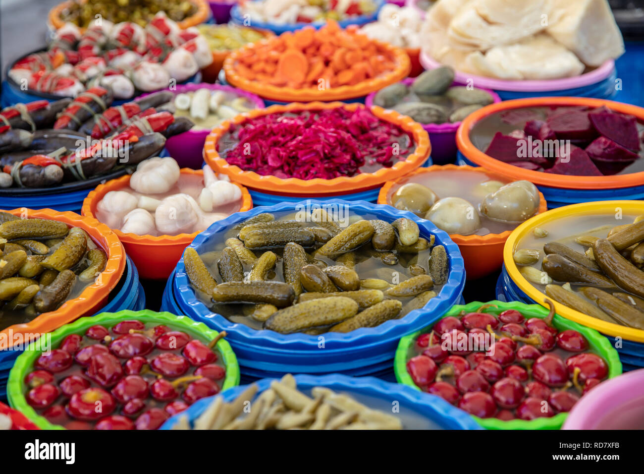 Turkish pickles in local market. Traditional Turkish pickles of various ...