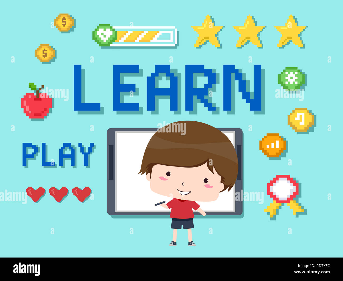 Illustration of a Kid Boy with Interactive Whiteboard with Game Icons ...