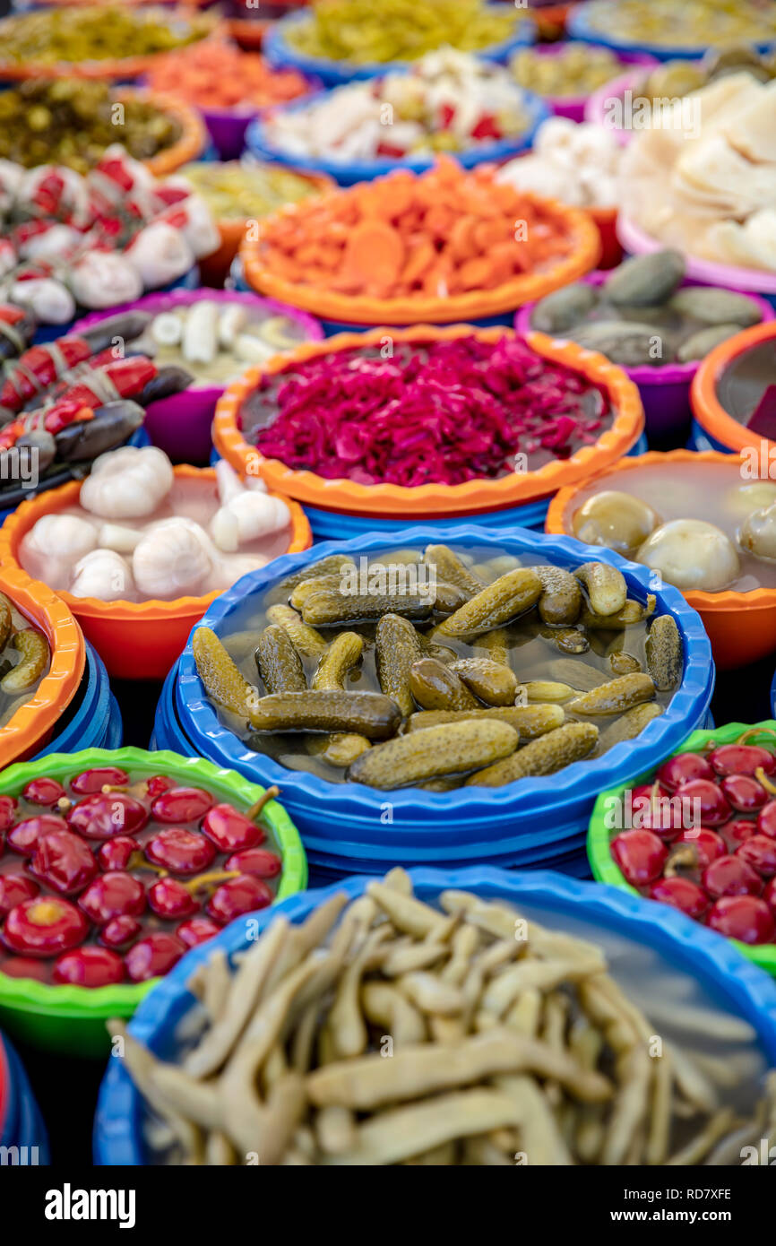 Turkish pickles in local market. Traditional Turkish pickles of various ...
