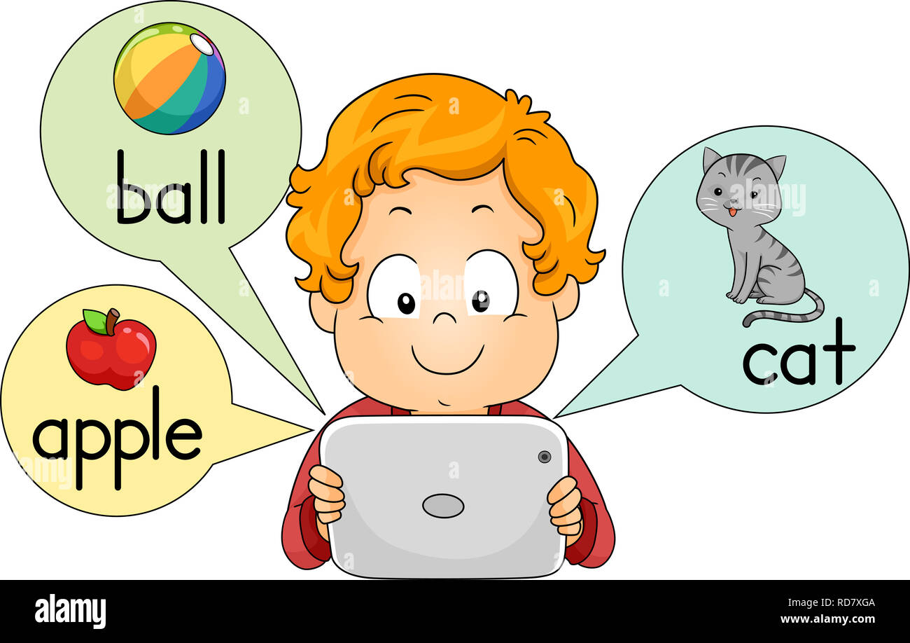 Illustration of a Kid Boy Using a Picture Dictionary App in His Tablet ...