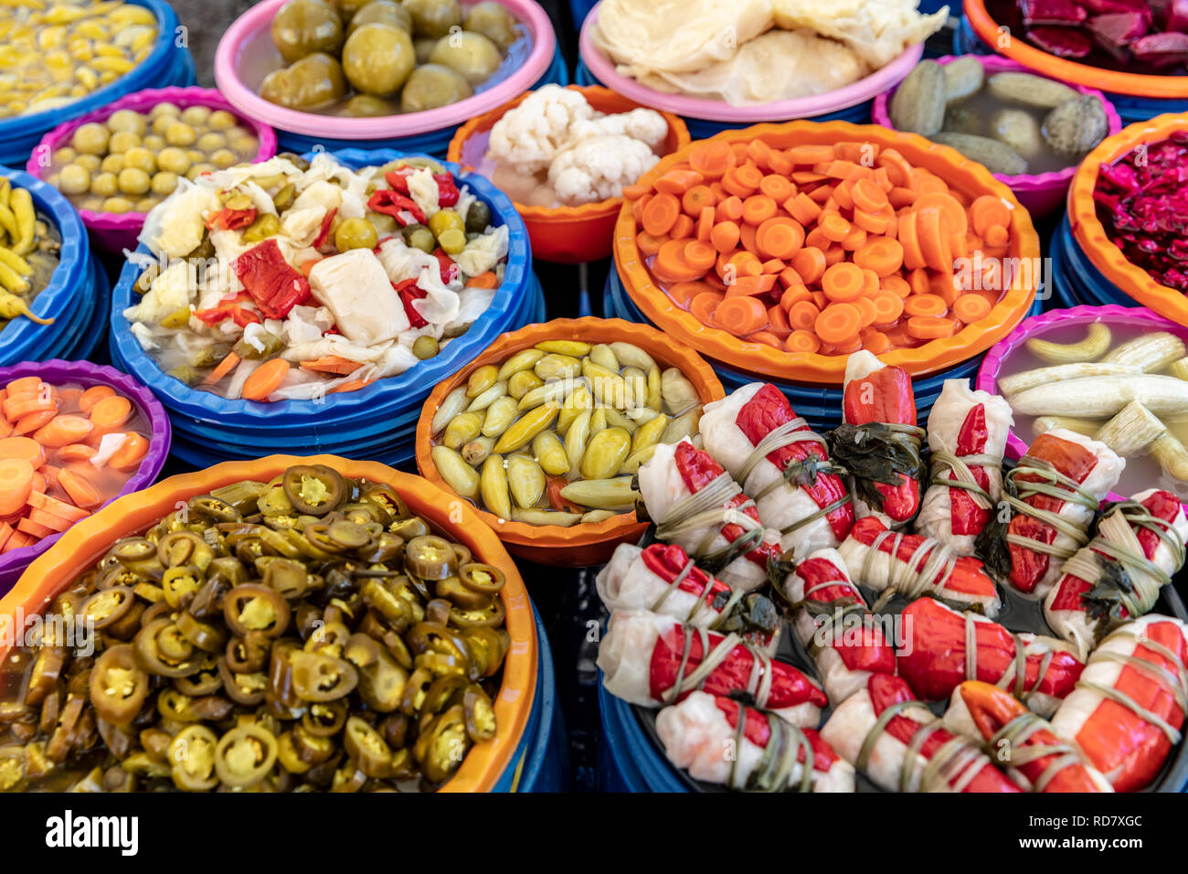 Turkish pickles in local market. Traditional Turkish pickles of various ...
