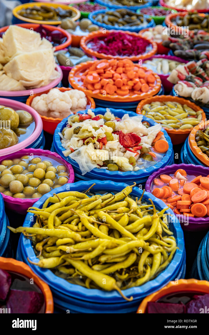 Turkish pickles in local market. Traditional Turkish pickles of various ...