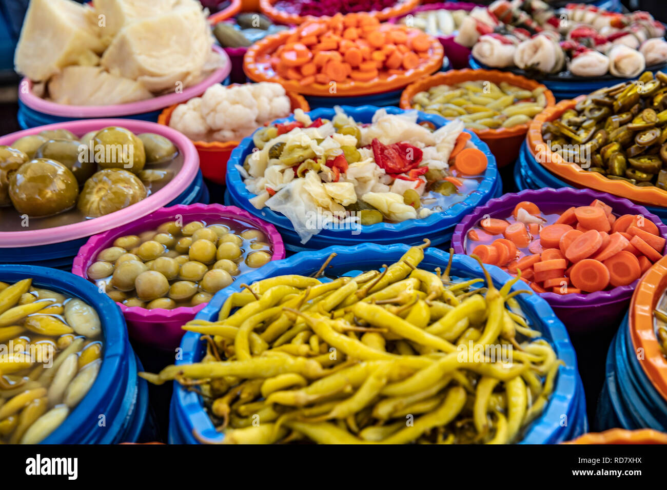 Turkish pickles in local market. Traditional Turkish pickles of various ...