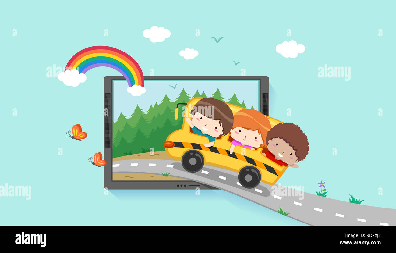 Illustration of Kids Riding School Bus Into a Scene Inside a Computer ...