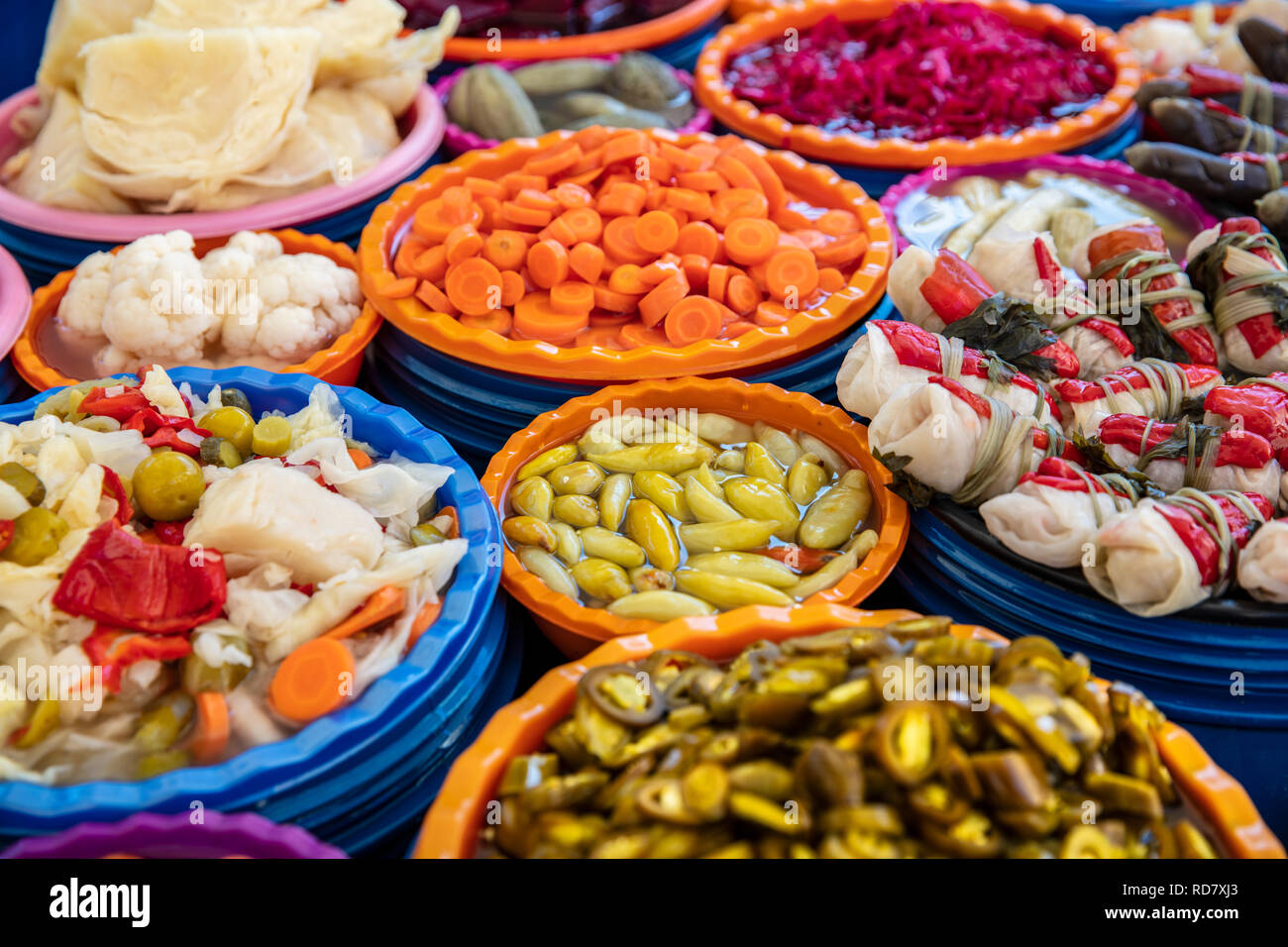 Turkish pickles in local market. Traditional Turkish pickles of various ...