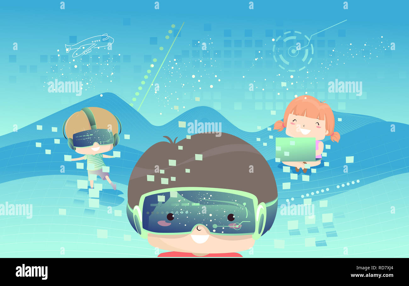Illustration of Kids with Virtual Reality Glasses and One Using a ...