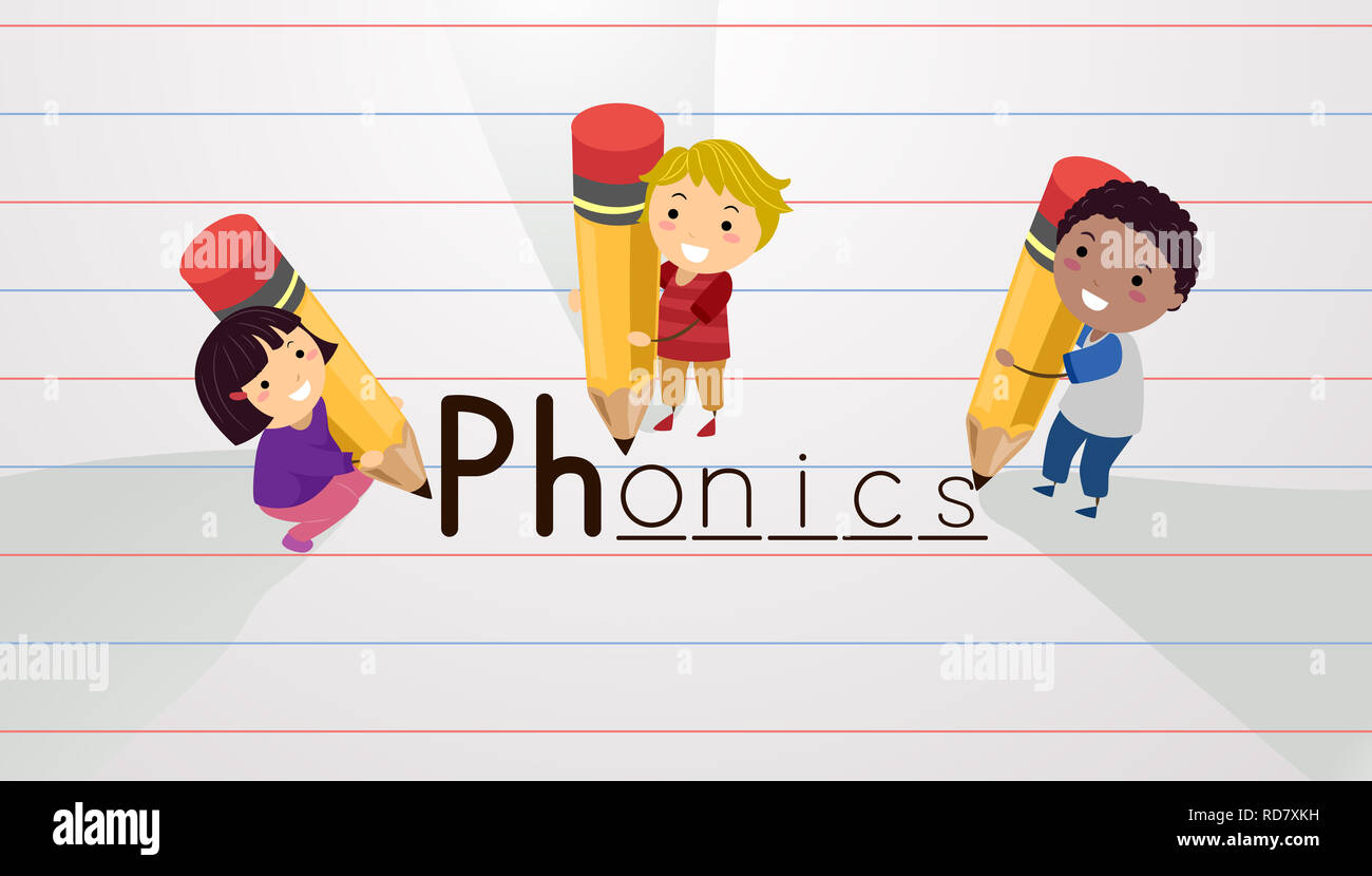 Illustration of Stickman Kids Holding Pencils Writing Phonics on Paper ...