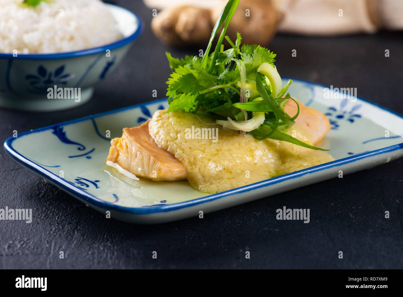 chinese style ginger steamed fish with rice Stock Photo - Alamy