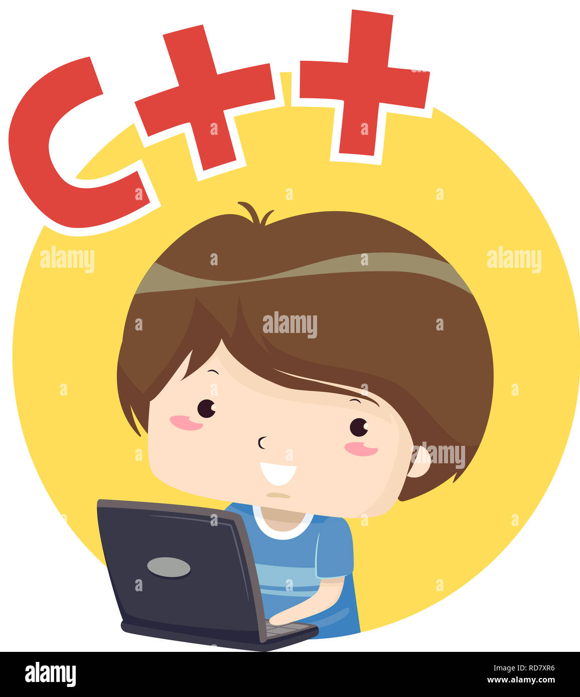 Illustration of a Kid Boy Using Laptop with C Plus Plus. Programming ...