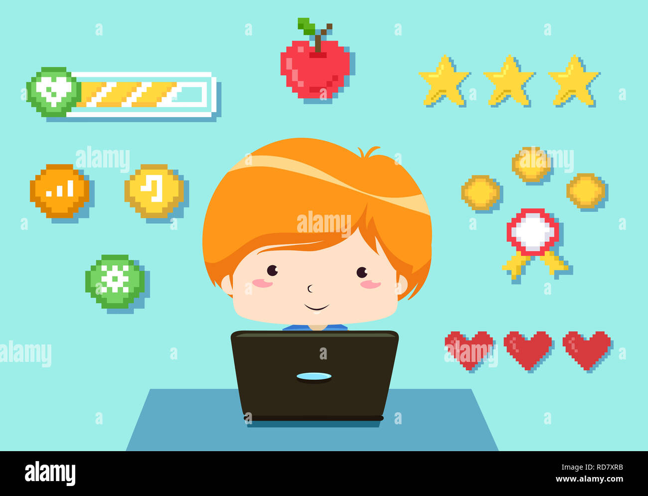 Illustration of a Kid Boy Using Laptop with Gaming Icons for ...