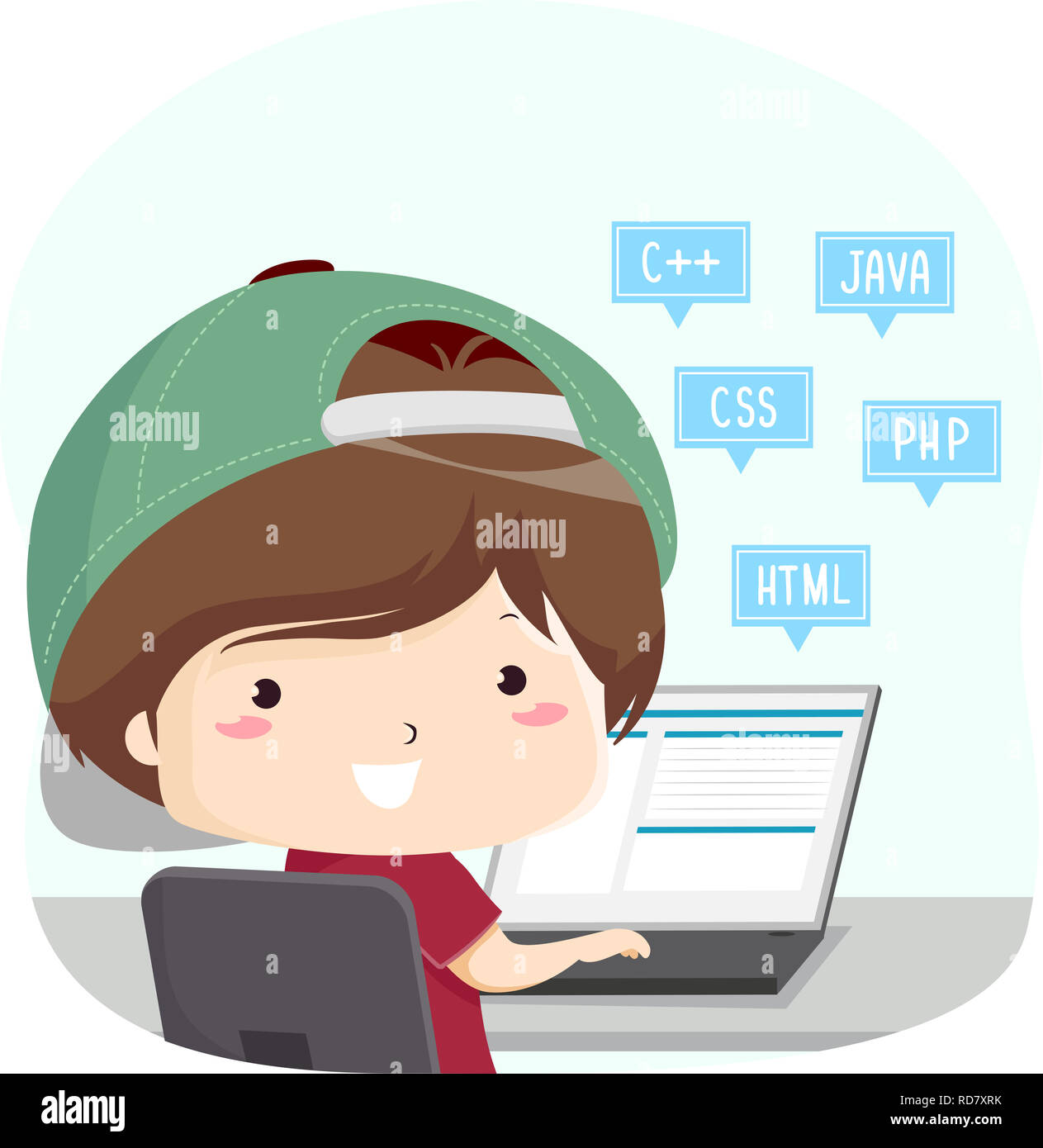 Illustration of a Kid Boy with Laptop and Different Programming ...