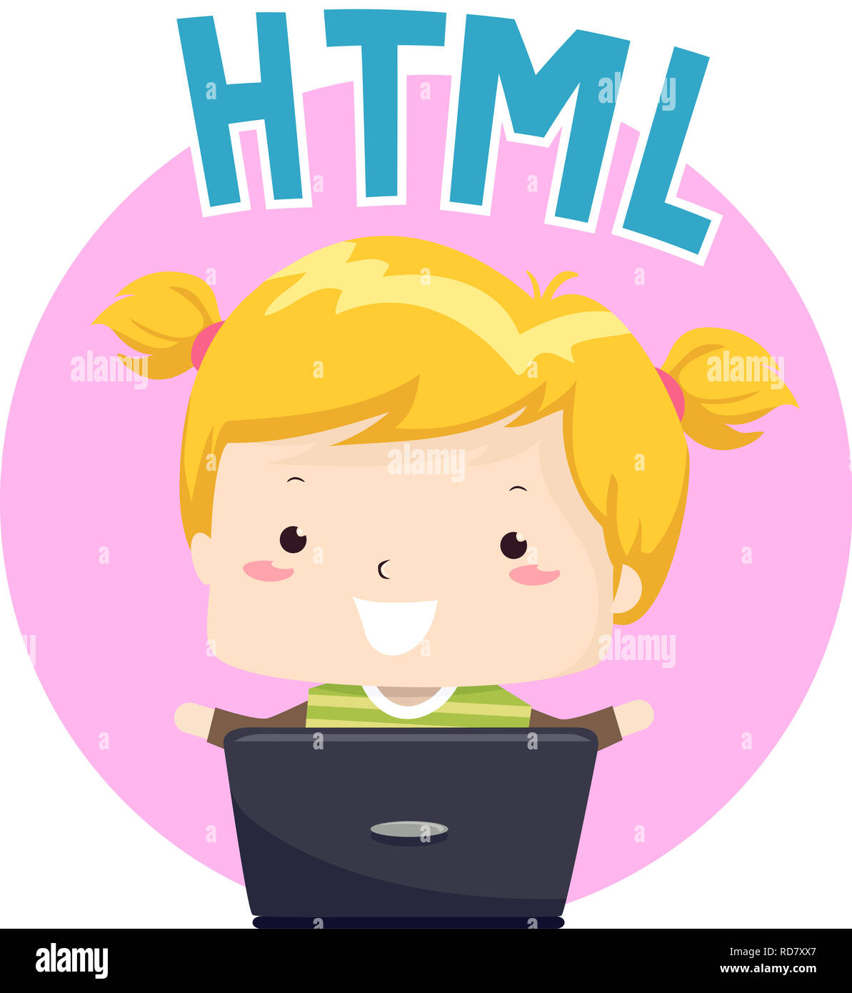 Illustration of a Kid Girl with Laptop and HTML. Web Programming Icon ...