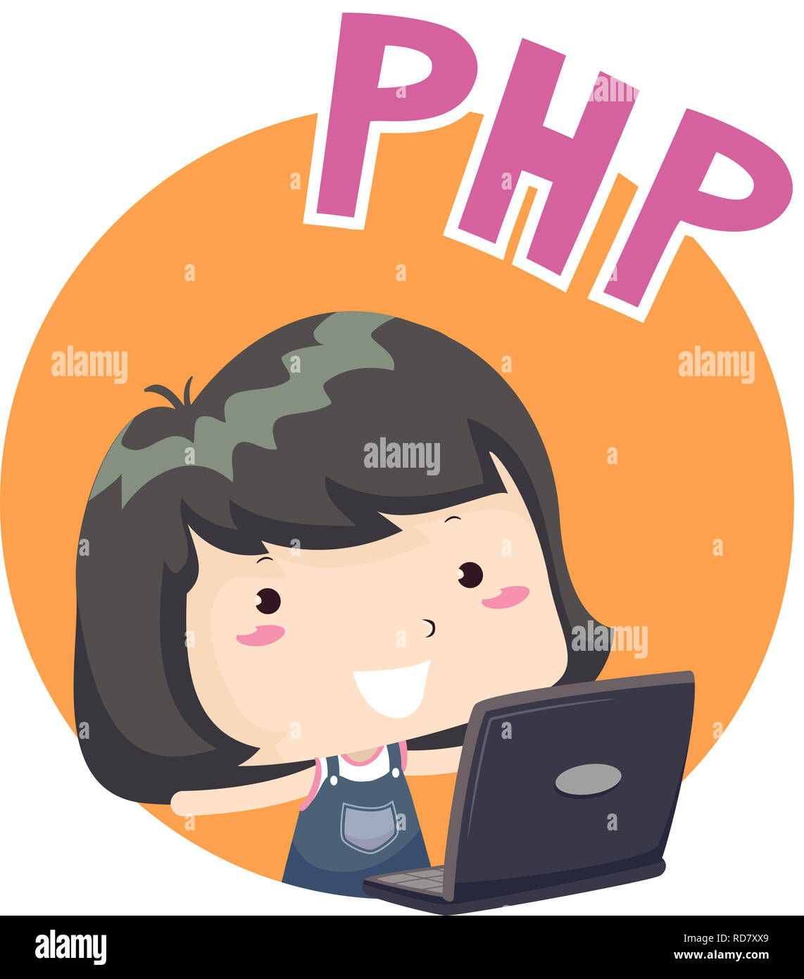 Illustration of a Kid Girl with Laptop and PHP. Programming Icon Stock ...
