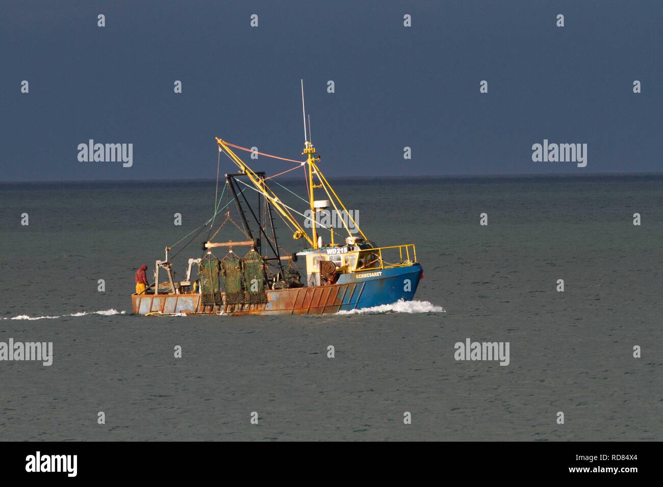 Inshore trawler in shallow coastal sea fishing for arine life which may ...