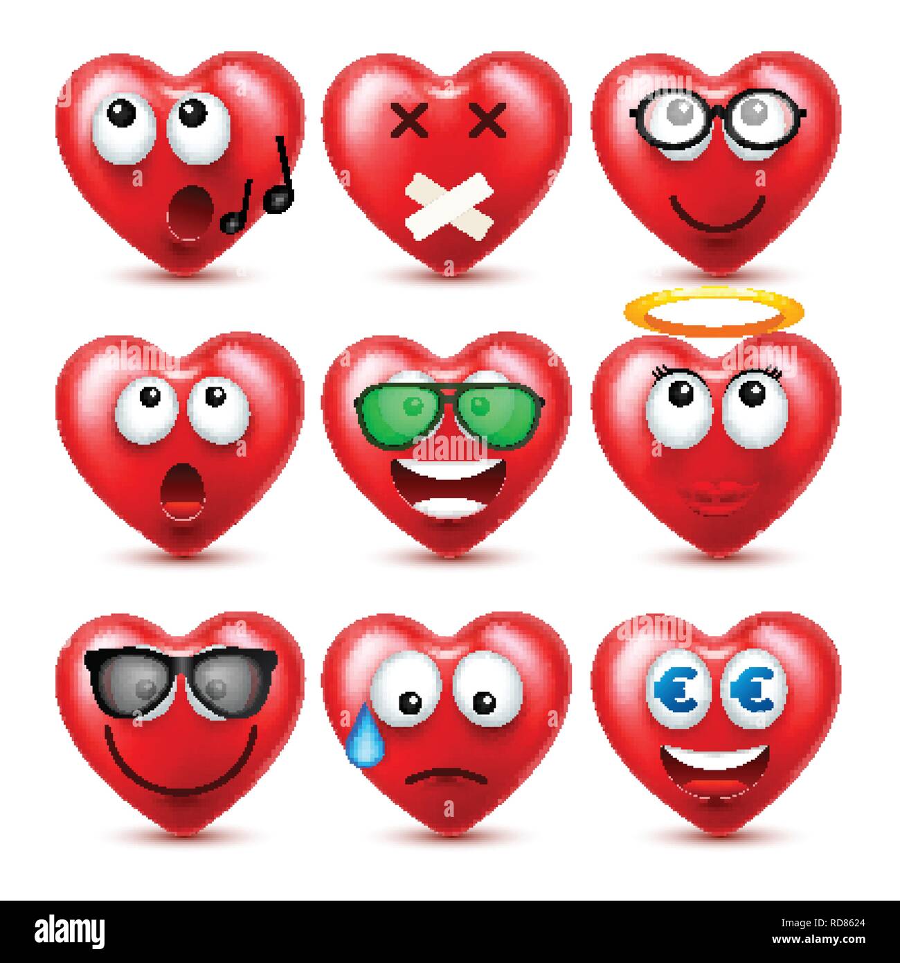 Heart Smiley Emoji Vector Set For Valentines Day. Funny Red Face With ...