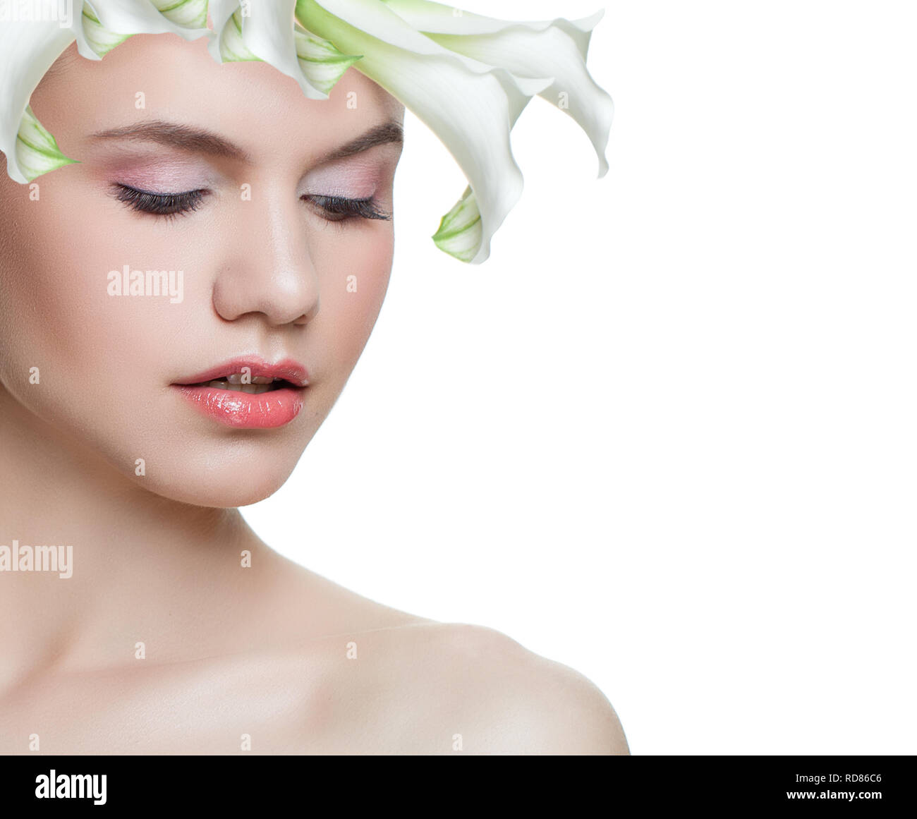 Spring woman with white flower isolated on white background. Beautiful ...