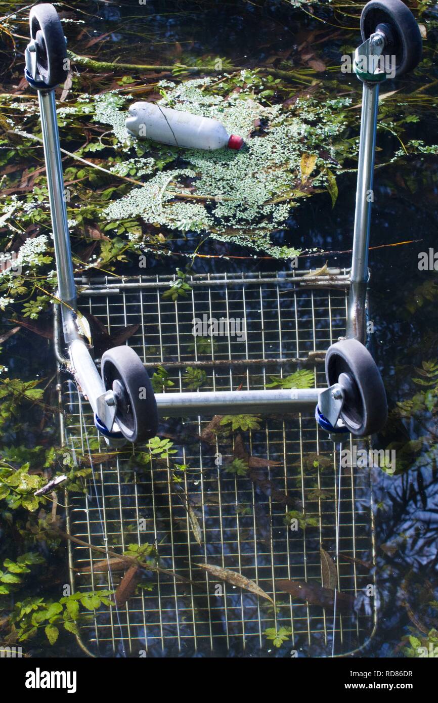 Upturned Supermarket trolley in Little Ouse River with washing up ...