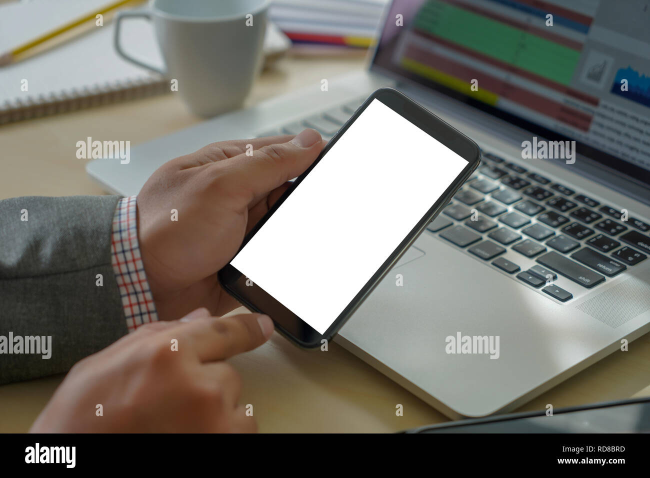 mock up Using laptop with blank screen computer modern Stock Photo - Alamy