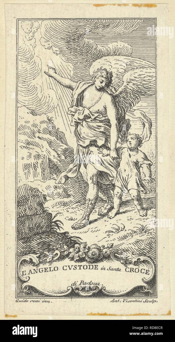 An angel leading a young boy and gesturing to the clouds Stock Photo ...