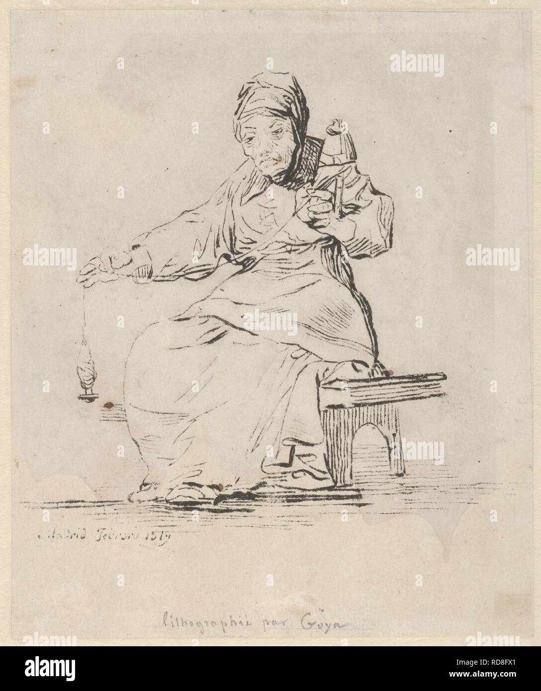 An old woman spinning, spindle in her right hand, distaff in her left ...