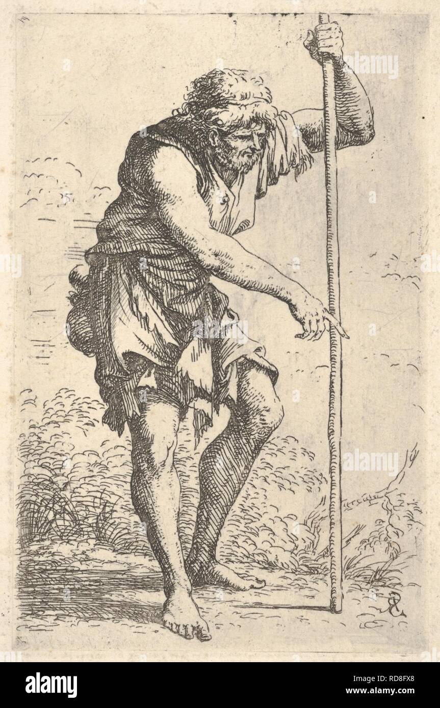 An old, ragged man with a gourd on his hip walking with a staff, from ...