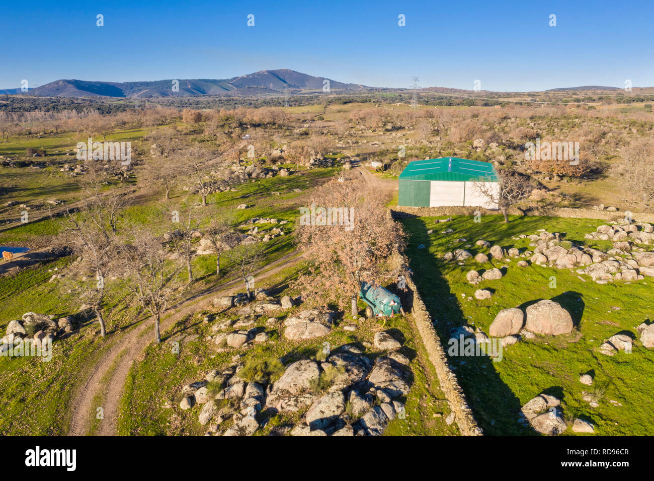 An awe aerial view of the rural Spanish countryside in Extremadura ...
