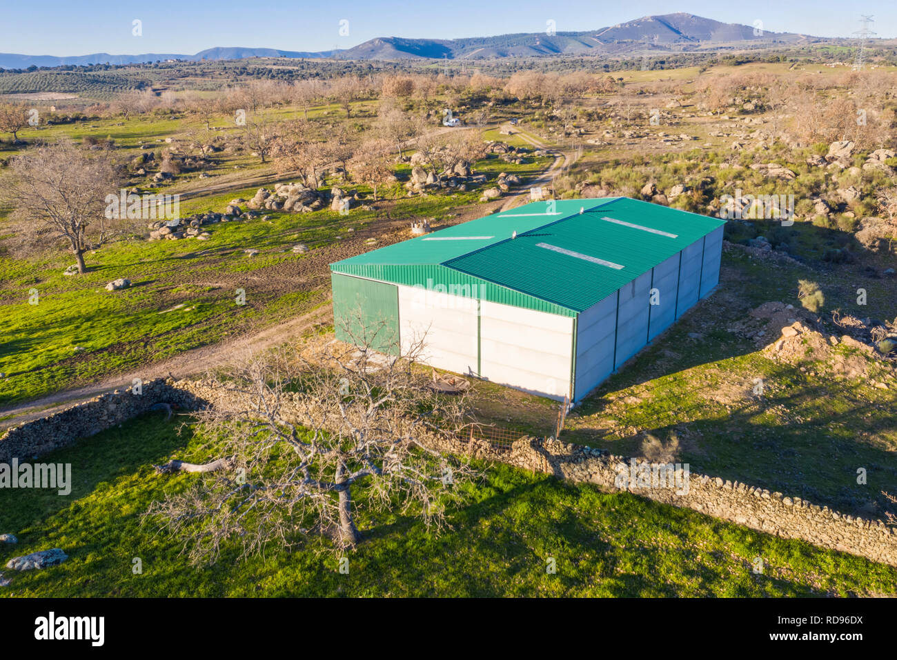 An awe aerial view of the rural Spanish countryside in Extremadura ...