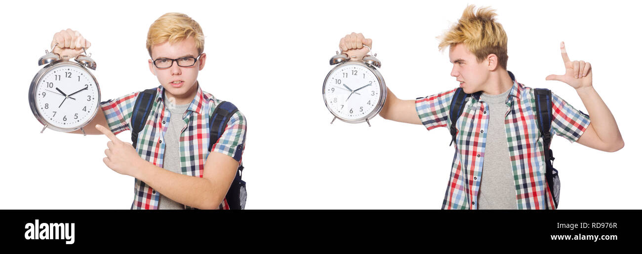 Young boy with alarm-clock in time management concept Stock Photo - Alamy