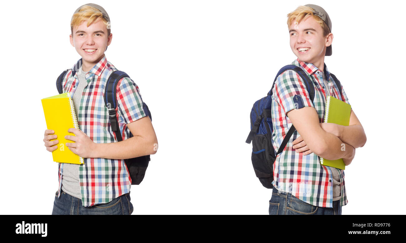 Student with backpack and notes isolated on white Stock Photo - Alamy