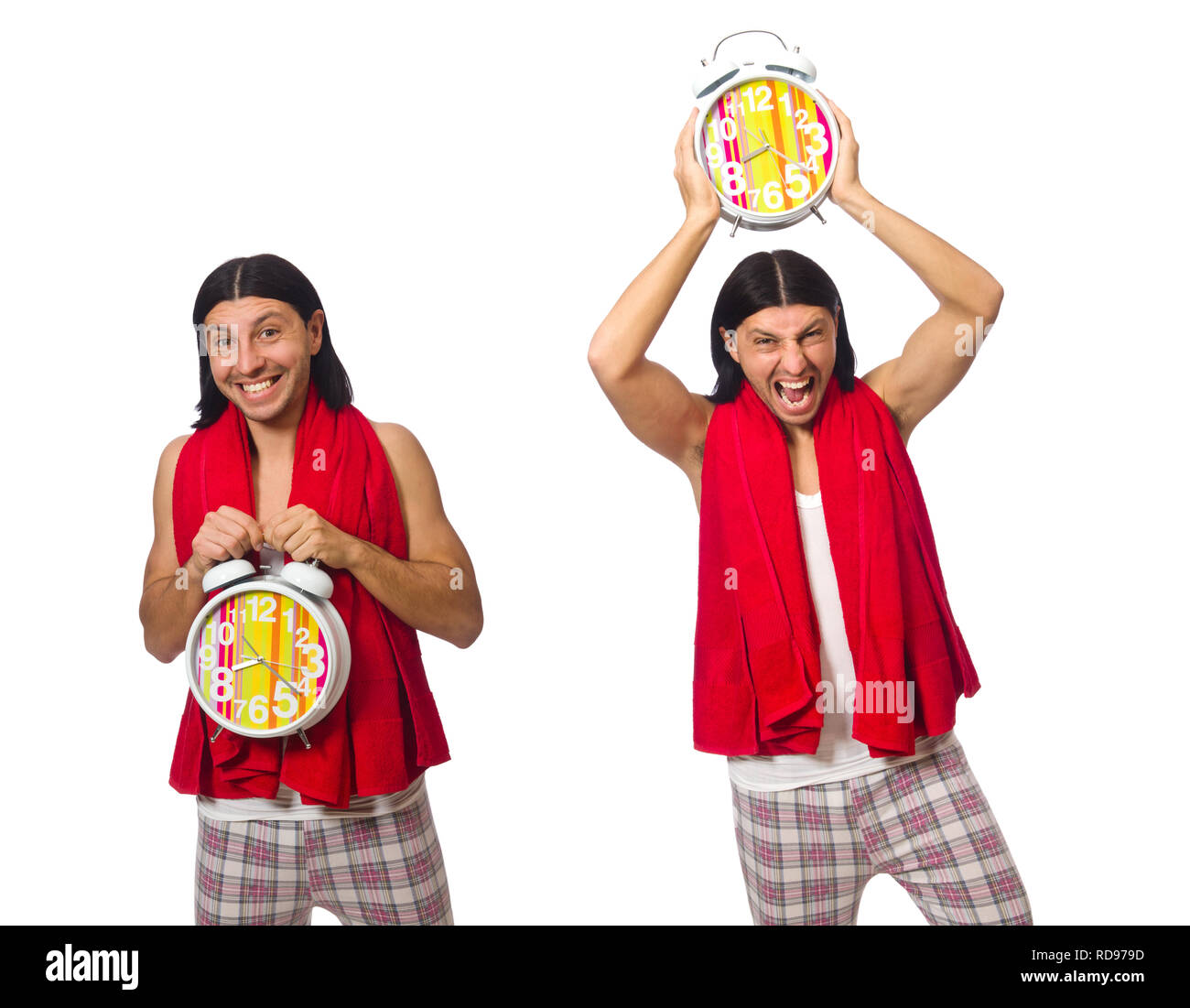 Funny man with clock isolated on white Stock Photo - Alamy