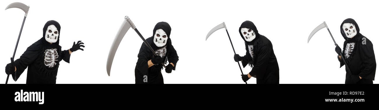 Scary monster with scythe isolated on white Stock Photo - Alamy