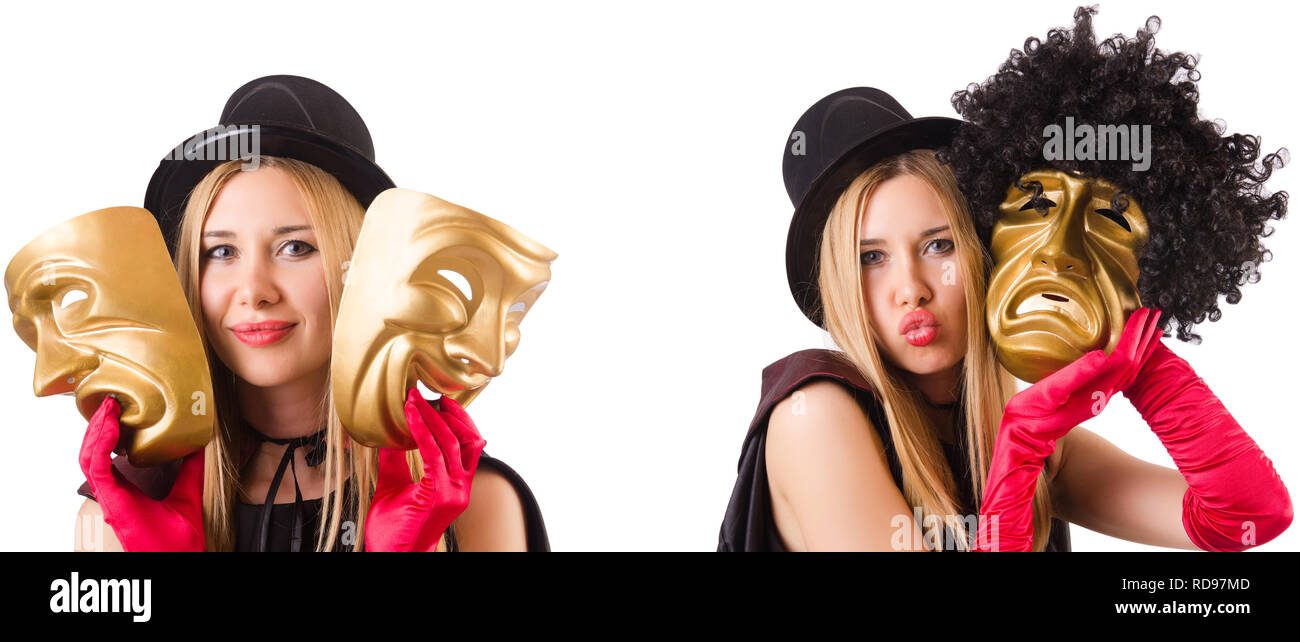 Woman with two masks isolated on white Stock Photo - Alamy