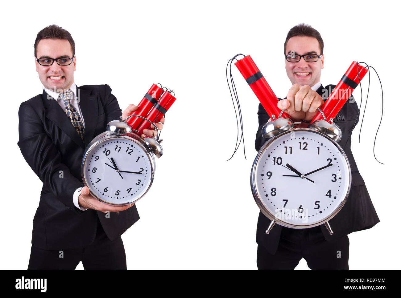 Man with time bomb isolated on white Stock Photo - Alamy