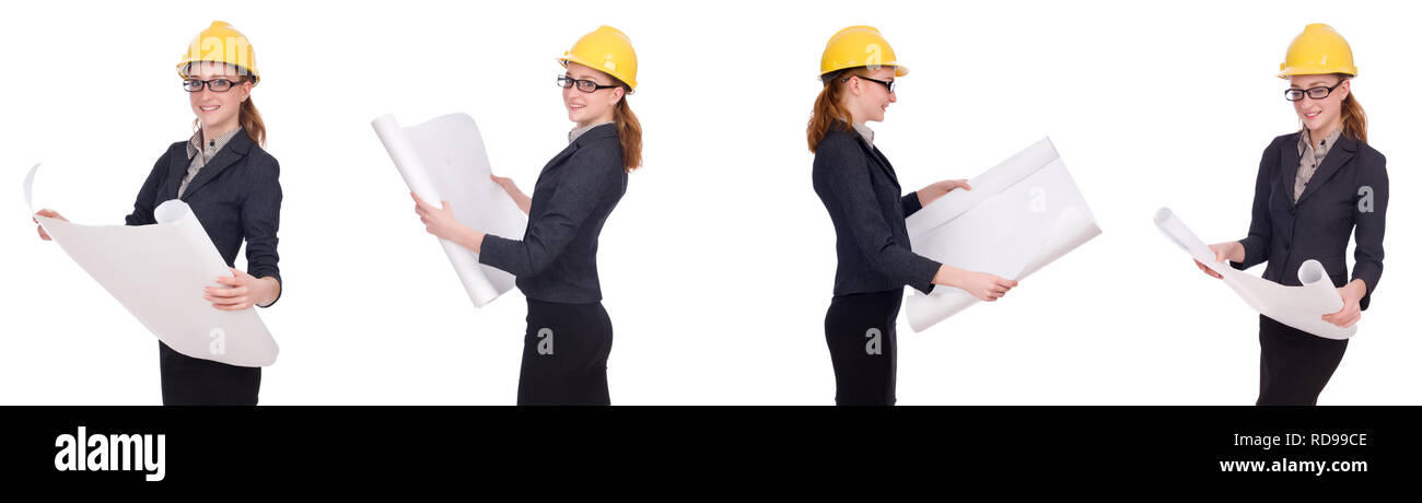 Female architect with blueprint isolated in white Stock Photo - Alamy