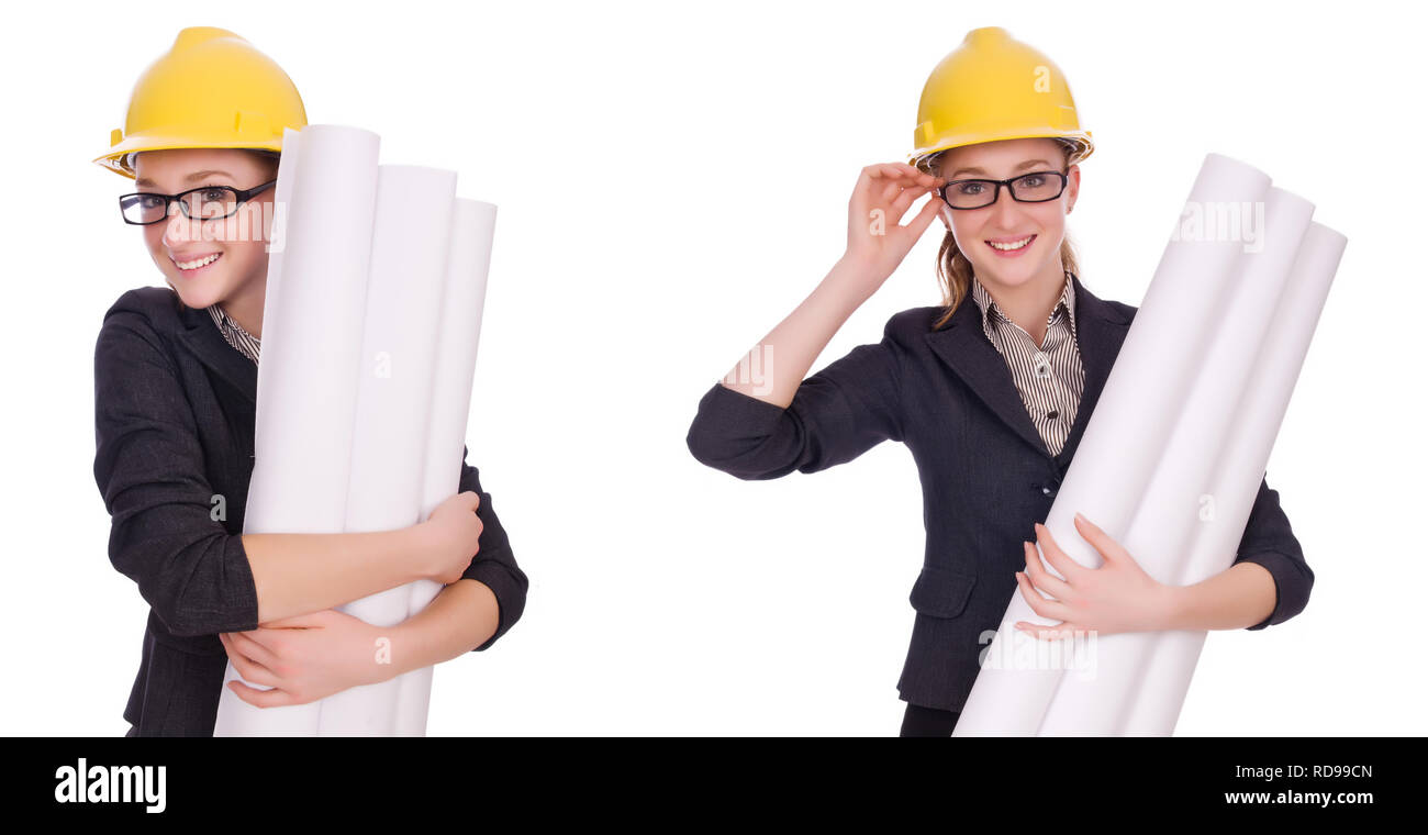 Female architect with blueprint isolated in white Stock Photo - Alamy