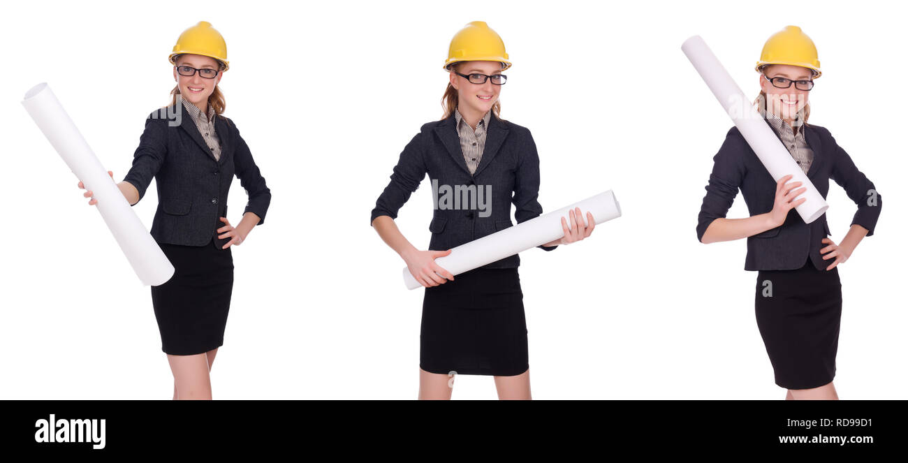 Female architect with blueprint isolated in white Stock Photo - Alamy