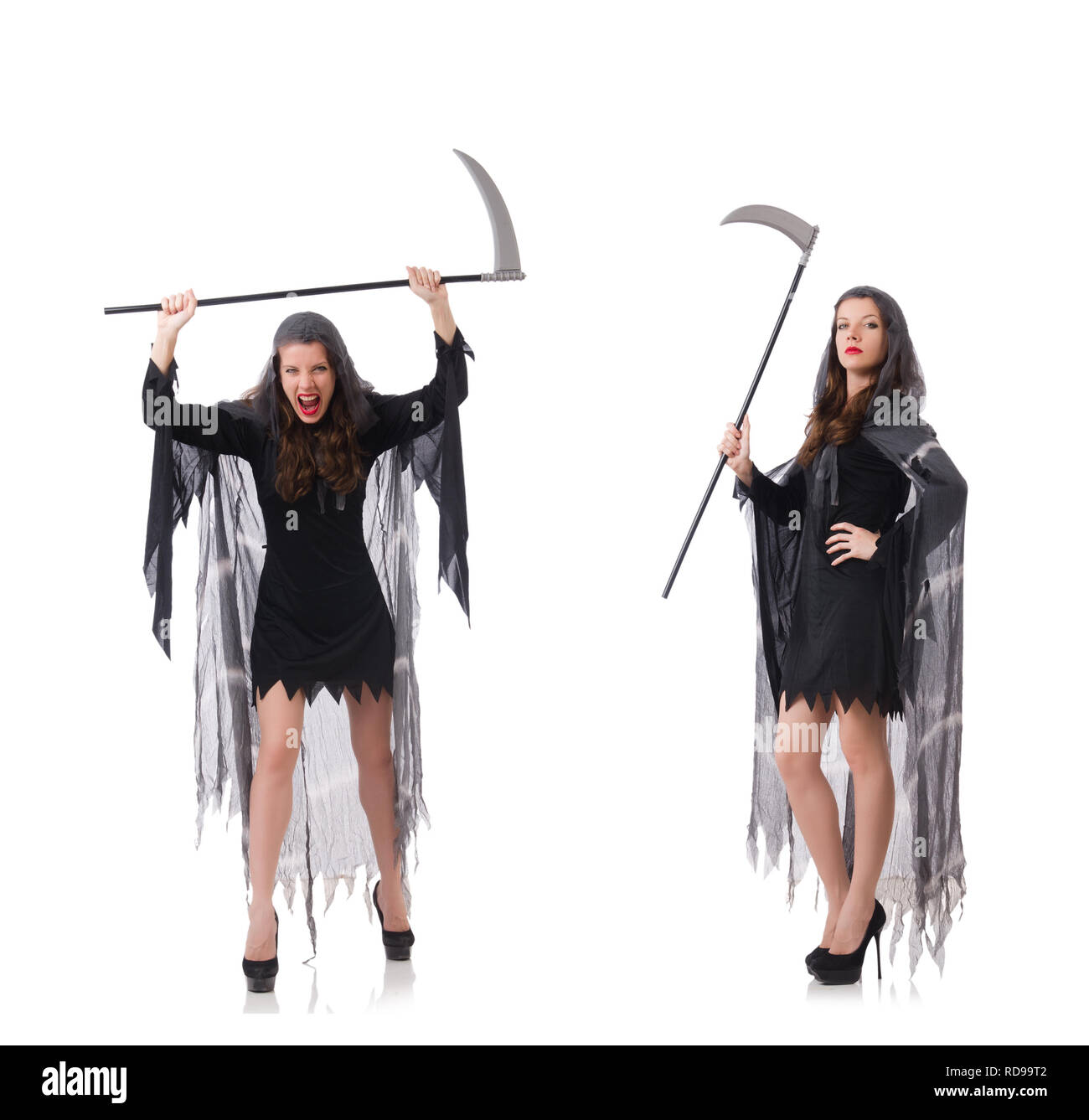 Woman with scythe isolated on white Stock Photo - Alamy