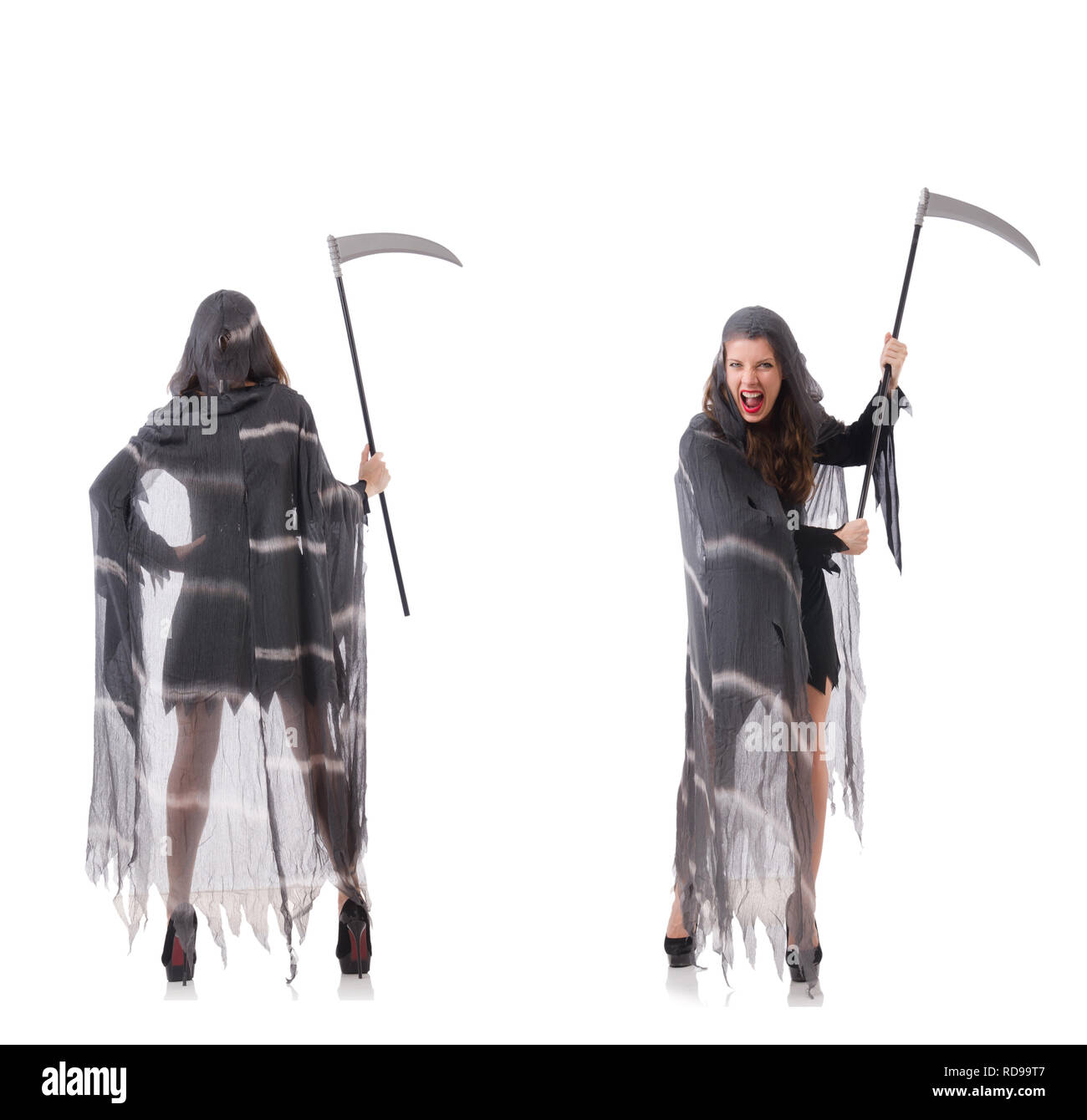 Woman with scythe isolated on white Stock Photo - Alamy