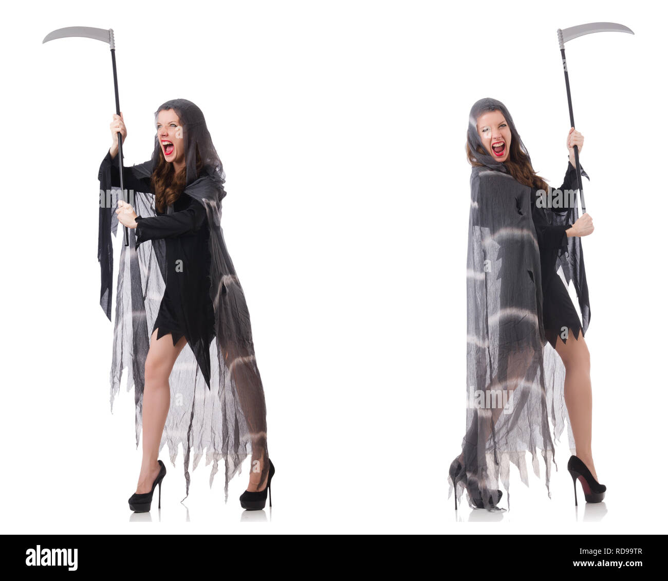 Woman with scythe isolated on white Stock Photo - Alamy