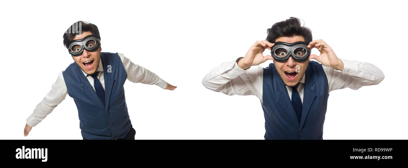 Funny man wearing goggles isolated on white Stock Photo - Alamy