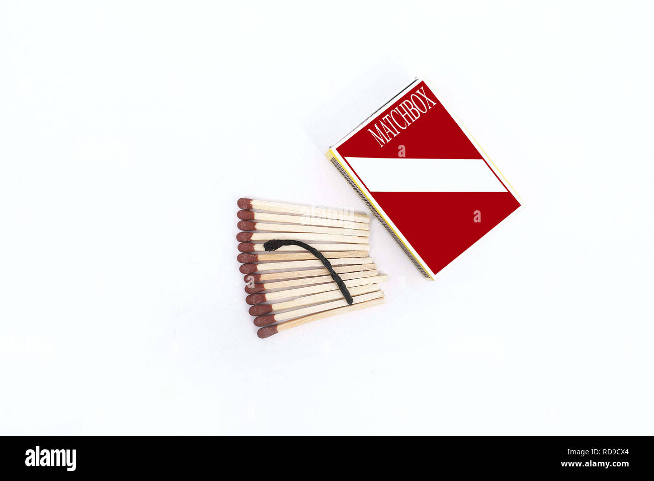 Picture of one burnt matchstick on the open matches with box. Isolated ...
