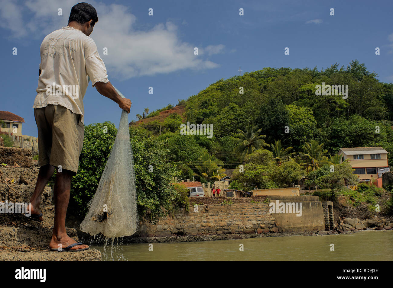 Fisherman throwing net in Arabian sea at Vengurla ; Aruali ; Sindhudurg ...
