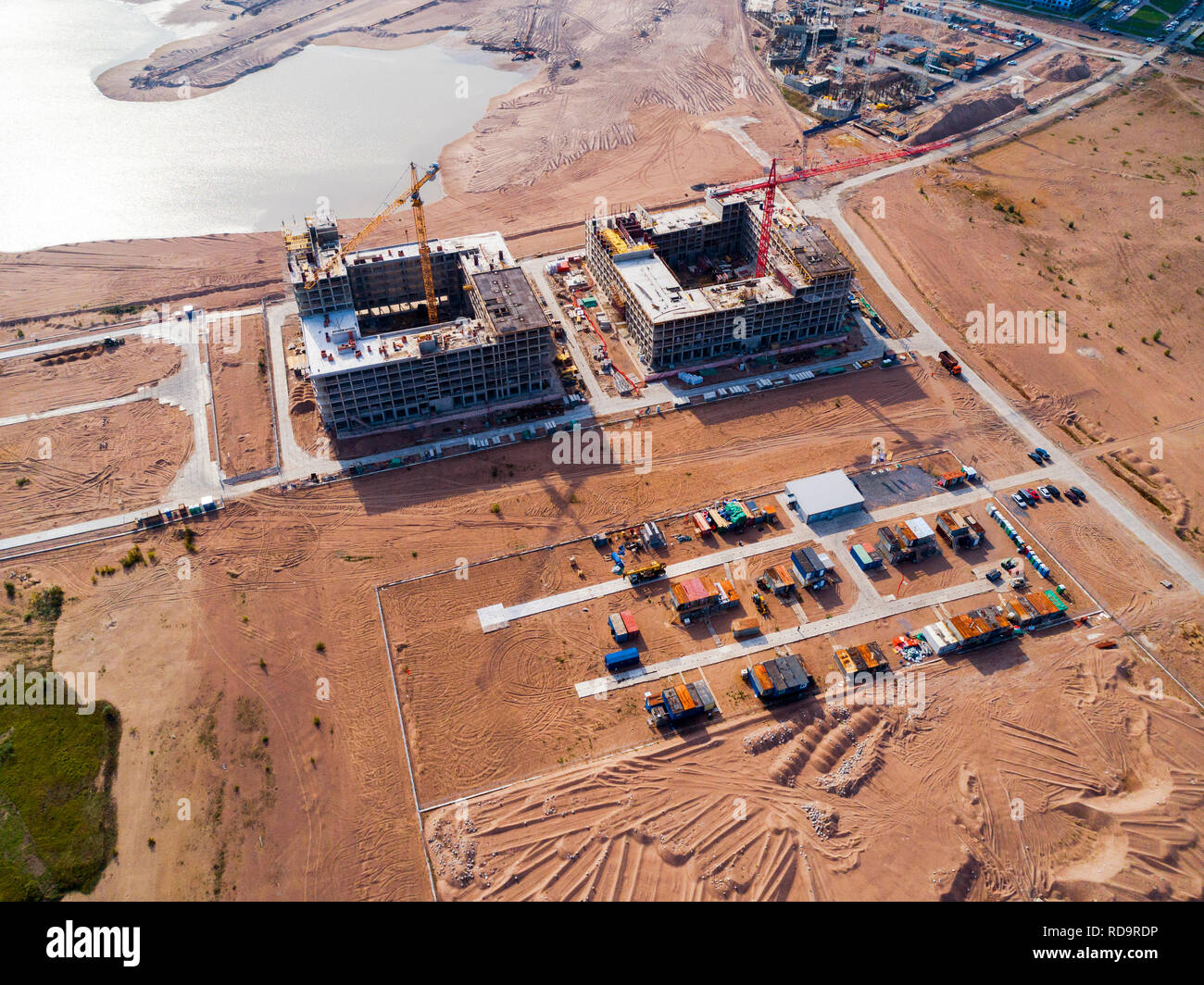 Aerial view of a Construction crane tower. Top view Crane and building ...
