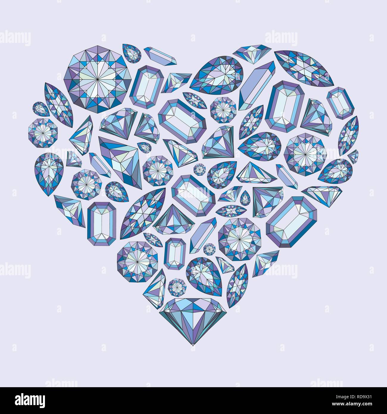 Vector heart shape with diamonds and crystals colorful background with ...